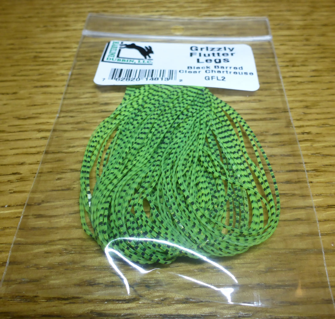 Grizzly Flutter Legs Black Barred Clear Chartreuse - Troutlore Fly Tying