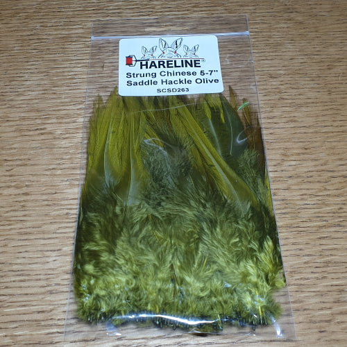 Hareline Strung Saddle Hackle 5-7 Inch Olive - Troutlore Fly Tying